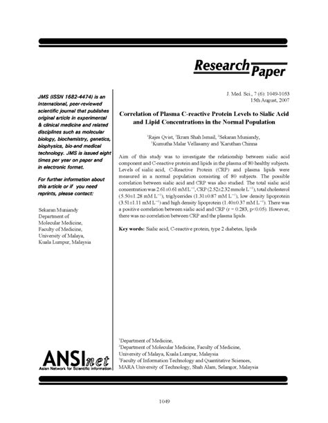 Pdf Correlation Of Plasma C Reactive Protein Levels To Sialic Acid And Lipid Concentrations In