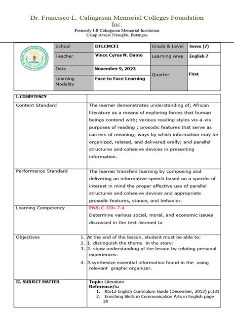 English 8 Lesson Plan Table Pdf Learning Prayer