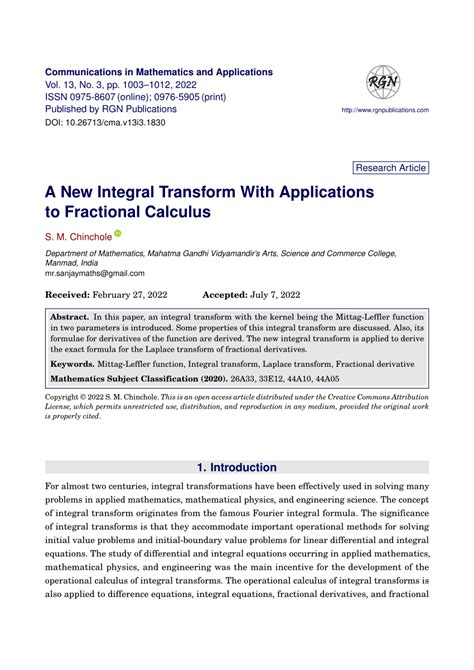 Pdf A New Integral Transform With Applications To Fractional Calculus
