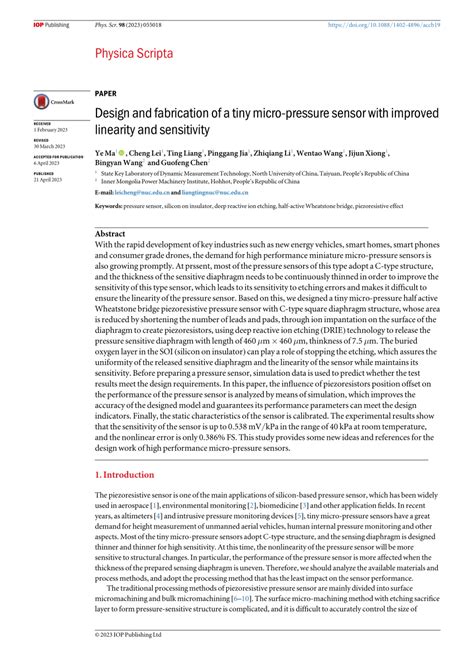 Design And Fabrication Of A Tiny Micro Pressure Sensor With Improved Design And Fabrication Of A Tiny Micro Pressure Sensor With Improved