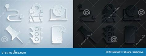 Set Traffic Light Infographic Of City Map Navigation Push Pin Folded With Location Marker And