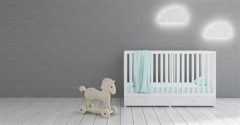 아기 침대 및 구름 모양의 램프 및 장난감 말이있는 아기 방 내부 회색 벽 미니멀리즘의 개념 3d 렌더링 모형 사진 Unsplash의 디자인 이미지