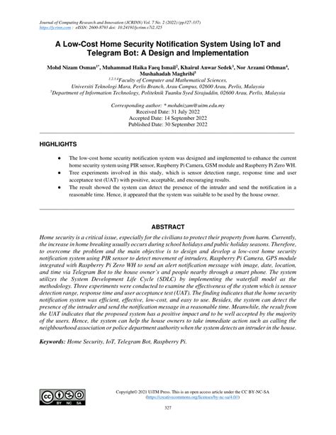 Pdf Low Cost Home Security Notification System Using Iot And Telegram
