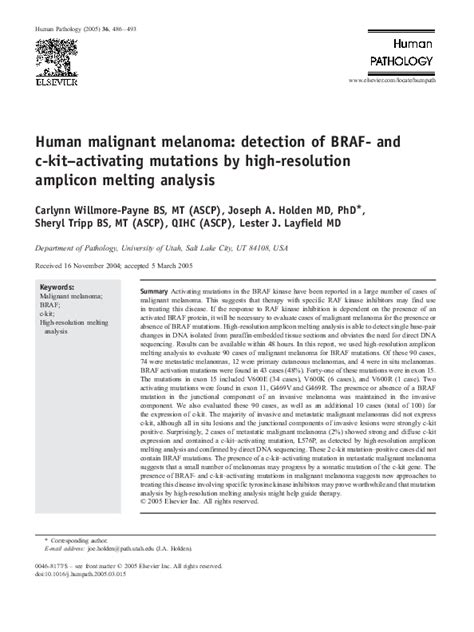 Pdf Human Malignant Melanoma Detection Of Braf And C Kit Activating Mutations By High