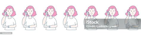 다른 감정 한 여성이 전화통화를 하고 있다 얼굴 표정 기쁨 슬픔 분노 대화 재미 두려움 미소 벡터 일러스트 플랫 디자인 만화 가공의 인물에 대한 스톡 벡터 아트 및 기타