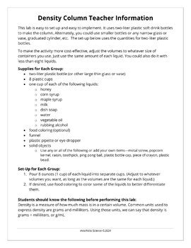 Density Column Science Lab Liquids Solids By Hotchkiss Science TPT