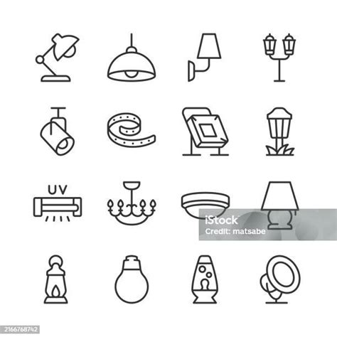 램프 조명 샹들리에 등 다양한 용도의 아이콘 세트 다양한 유형의 조명기구 가정 실외 및 특수 조명 편집 가능한 획이 있는 선