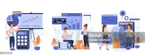 문자는 재정을 관리합니다 개인 또는 기업 예산을 계산하고 분석하고 재정 수입을 관리하고 회계사와 상담하는 사람들 플랫 만화 벡터 일러스트레이션 및 아이콘 세트 개념에 대한