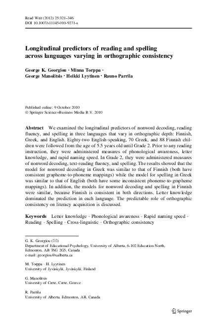 Pdf Longitudinal Predictors Of Reading And Spelling Across Languages Varying In Orthographic