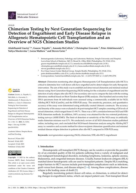 Pdf Chimerism Testing By Next Generation Sequencing For Detection Of Engraftment And Early