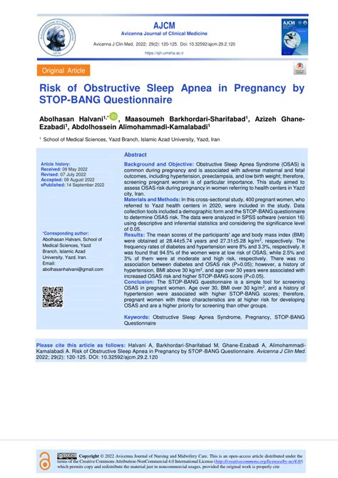 Pdf Risk Of Obstructive Sleep Apnea In Pregnancy By Stop Bang Questionnaire