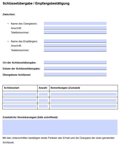 Schlüsselübergabe Empfangsbestätigung Pdf Vorlage Kostenlose Vordrucke
