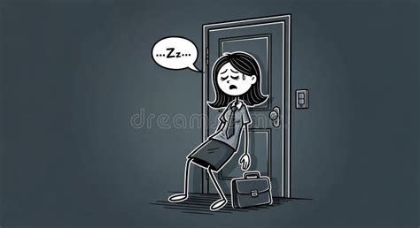 Exhausted Stick Figure Woman Dragging Suitcase Into Doorway Cartoon