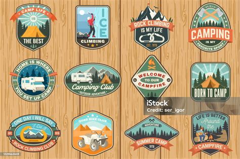록 클라이밍 클럽과 여름 캠프 배지 세트 셔츠 또는 인쇄 스탬프 패치 또는 티에 대한 벡터 개념 캠핑 텐트 트레일러 캠핑카 등산기 카라비너 및 산빈티지 타이포그래피 디자인