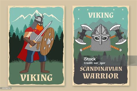 바이킹 전사 복고풍 포스터 세트입니다 벡터 일러스트 레이 션입니다 전단지 브로셔 십자가 전투 도끼와 둥근 방패가 있는 헬멧에
