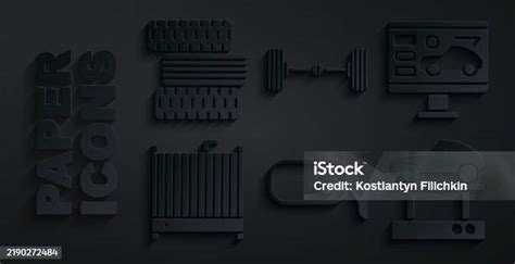 자동차 백미러 자동차의 진단 상태 라디에이터 냉각 시스템 수리 리프트 섀시 및 타이어 휠 아이콘을 설정합니다 벡터 3차원 형태에 대한 스톡 벡터 아트 및 기타 이미지