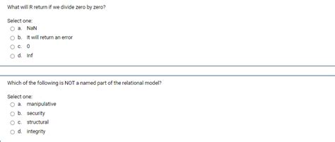 Solved What Will R Return If We Divide Zero By Zero Select Chegg Com