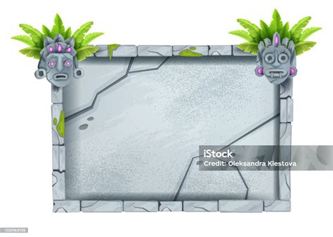 정글 돌 간판 벡터 게임 바위 패널 금이 화강암 벽 패널 티키 마스크 잎 우림에 대한 스톡 벡터 아트 및 기타 이미지 우림