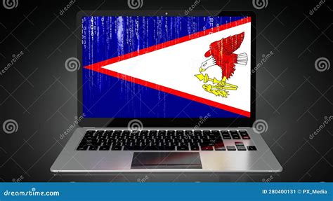 american samoa country flag and binary code on laptop screen stock