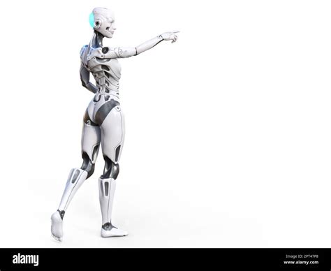 3d Rendering Of An Android Robot Woman Posing With Her Back Against The