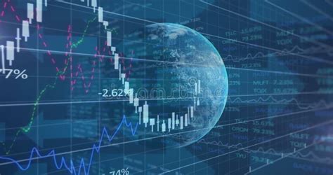 Overlaying Digital Globe With Animation Financial Data Charts In Blue Tones Stock Video Video