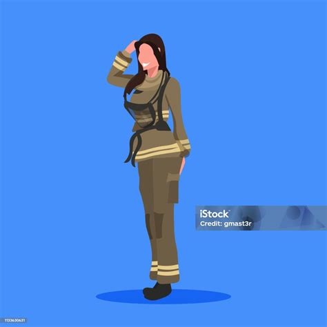 유니폼 여성 소방 전문 직업 개념 소방 서 노동자 여성 만화 캐릭터 전체 길이 플랫 파란색 배경에서 소방 관 갈색 머리에 대한 스톡 벡터 아트 및 기타 이미지 Istock