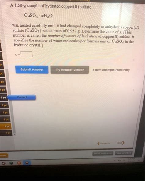 Solved A 1 50 G Sample Of Hydrated Copper Ii Sulfate Cuso4 ` Chz0 Was Heated Carefully Until