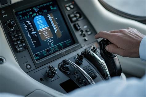 Pilot Operating Flight Controls And Instruments In The Cockpit During A Flight At Sunset Stock