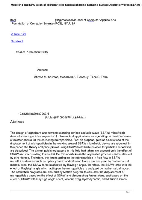 Pdf Modelling And Simulation Of Microparticles Separation Using Standing Surface Acoustic