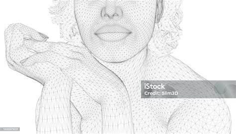 여자의 와이어 프레임은 흰색 배경에 고립 된 절반 숨겨진 얼굴 3d 벡터 일러스트레이션 로우 폴리곤 모델링에 대한 스톡 벡터
