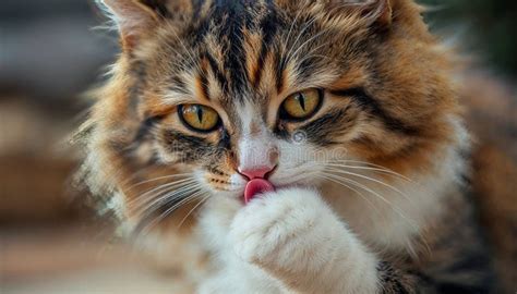 Close Up Cat Licking Its Paw Sharp Focus Realistic Macro Photography