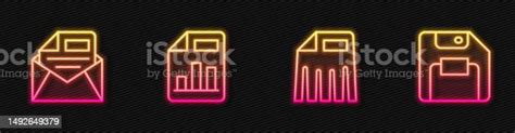 라인 용지 분쇄기 메일 및 이메일 그래프 차트가 있는 문서 및 플로피 디스크를 설정합니다 빛나는 네온 아이콘입니다 벡터 0명에 대한 스톡 벡터 아트 및 기타 이미지 Istock