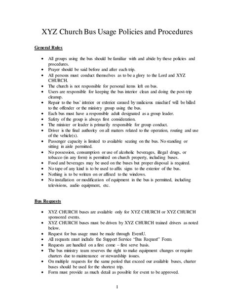 Church Bus Usage Policies And Procedures In Word And Pdf Formats