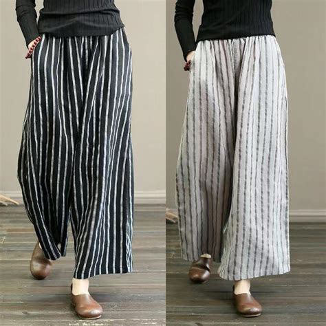 Купити Нові літні художні жіночі повсякденні штани Вільні смугасті бавовняні лляні штани з