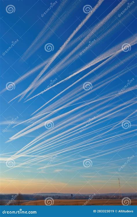 airplane contrails creating patterns in a clear sky stock image