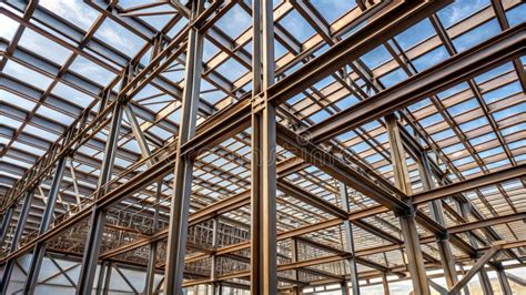 Complex Metal Framework Structure Under Construction Detailed View Of Erection Process Stock