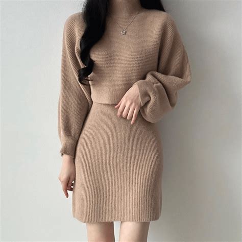 11할인투피스set나시원피스볼레로연말모임룩연말룩데이트룩꾸안꾸 룬소매 반목 크롭 긴팔 니트 나시 원피스 세트 3color