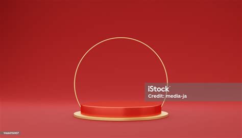 빨간색 바탕에 금색 테두리와 금색 원이 있는 빈 빨간색 실린더 연단 추상 최소 스튜디오 3d 기하학적 모양 개체입니다 제품 디자인 전시를 위한 받침대 모형 공간 3d 렌더링