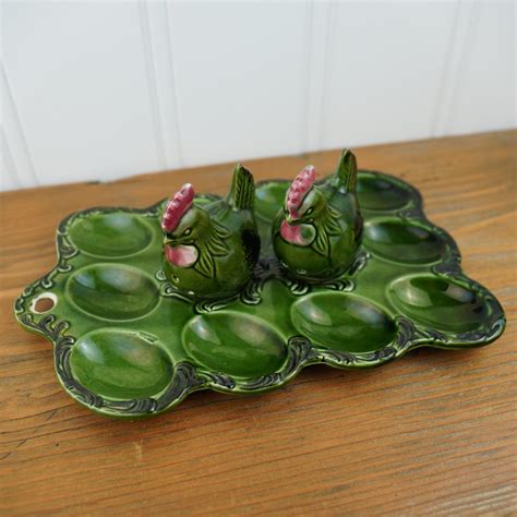 Vintage Devilled Egg Plate With Rooster Salt And Pepper Shakers Japanese Ceramic Deviled Egg
