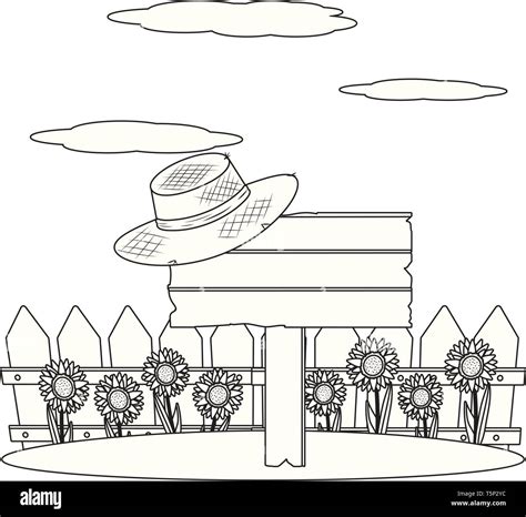 Wooden Sign Frame Outdoor Farm Scene Cartoon Vector Illustration