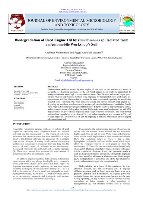 Pdf Biodegradation Of Used Engine Oil By Pseudomonas Sp Isolated From An Automobile Workshop
