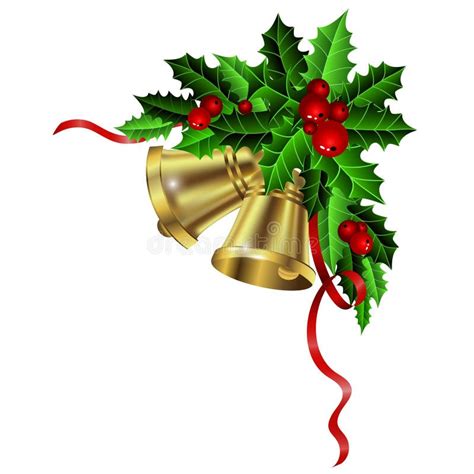 Christmas Gold Bells Holly Sprig And Berries Stock Vector