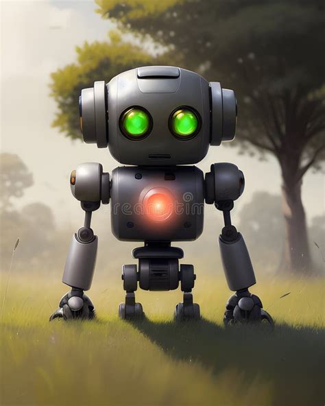 Illustration Of Small Cute Robot Standing On Grass Stock Illustration Illustration Of Fauna