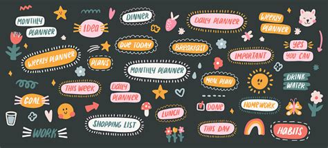 카와이 매일 및 주간 플래너에 대한 타이포그래피 스티커 글자가 있는 귀여운 요소 스케줄러 또는 주최자를 위한 동기 부여 인용문