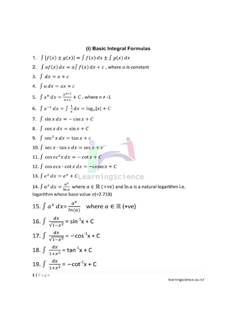 Integration Formulas Pdf