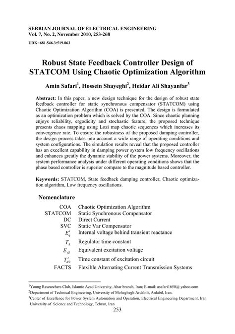 Pdf Robust State Feedback Controller Design Of Statcom Using Chaotic