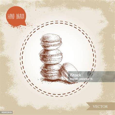 마 카 롱 쿠키 빈티지 오래 된 배경에 더미 맛 있는 머 랭 프랑스 과자 달콤한을 기반 으로합니다 손으로 그린 스케치 스타일 상세한 벡터 일러스트 레이 션 0명에 대한 스톡