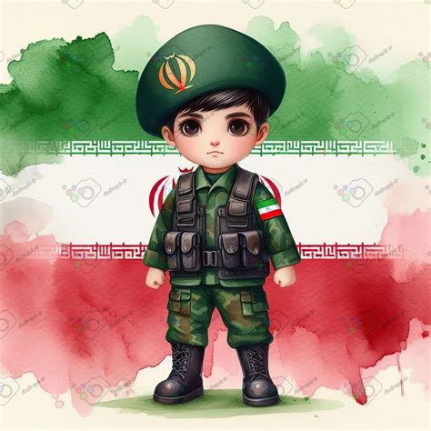 بک گراند کودکانه پسر بچه ایرانی با لباس نظامی و پس زمینه پرچم ایران کد