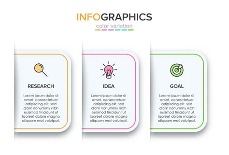 3 단계 연속 화살표 비즈니스 모델의 개념 세 가지 다채로운 직사각형 요소 브로셔 프리젠 테이션을위한 타임 라인 디자인 인포