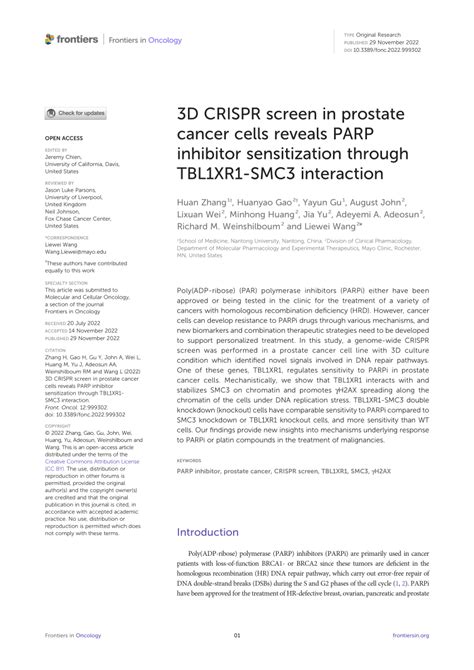 Pdf 3d Crispr Screen In Prostate Cancer Cells Reveals Parp Inhibitor Sensitization Through